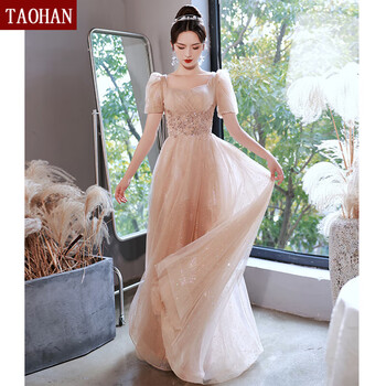 TAO HAN高端晚礼服女轻奢小众感宴会香槟色主持人钢琴艺考公主裙 藕粉色长款 XL【图片 价格 品牌 报价】-京东