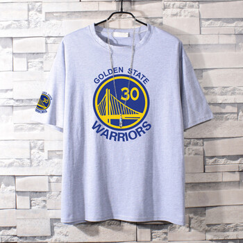 NBA短袖圆领库里30号纯棉透气美式蓝球衣运动训练服T恤男圆领夏季 灰色-勇士logo XL