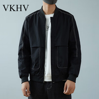 VKHV品牌男士外套春秋季新款潮流潮牌夹克百搭美式棒球服纯色工装上衣 黑色 M【图片 价格 品牌 报价】-京东