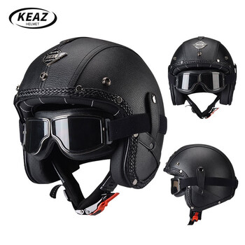 KEAZ摩托车头盔复古皮盔男女士巡航机车四分之三盔四季通用骑行安全帽 黑色编织配复古镜 XXL【图片 价格 品牌 报价】-京东