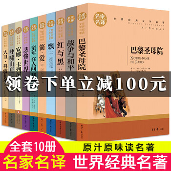 正版世界十大名著全10册套装简爱书籍悲惨世界 飘 战争与和平呼啸山庄巴黎圣母院 红与黑 大卫科波菲尔