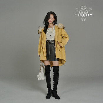 【CHICHYCC4B001214】【商场同款】CHICHY时尚气质黄色连帽可拆卸毛领长袖宽松版型女装派克服女士棉服CC4B001214-Y6 ...