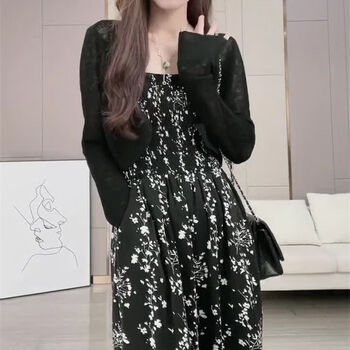 FHRU夏季薄款法式女气质收腰显瘦碎花吊带连体裤防嗮小两件套装 黑色开衫[单件] M 建议95-105斤【图片 价格 品牌 报价】-京东