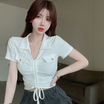 FHRU纯欲夏季小心机辣妹polo领抽绳t恤女显瘦打底衫 白色 S 90斤以下【图片 价格 品牌 报价】-京东