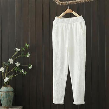 FHRU松紧腰纯色棉麻长裤女春夏新款薄款棉纱休闲裤宽松直筒裤亚麻女裤 白色 S 适合90-105斤【图片 价格 品牌 报价】-京东