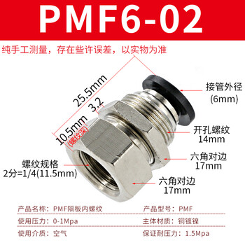 气管快速接头PMF8-02气动内螺纹6mm01串穿板隔板直通内牙对接快插 黑帽PMF6-02插6mm管螺纹1/4【图片 价格 品牌 报价】-京东
