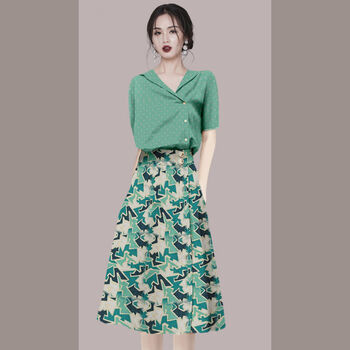 FHRU时尚欧美印花连衣裙女2023夏季新款气质收腰衬衣A字半裙套装洋气 绿色 L[建议105-115斤以内]【图片 价格 品牌 报价】-京东