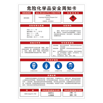 定制危险化学品安全周知卡告知卡职业病危害告知牌卡警示牌标志标示标识牌NFH NFH29 危险化学品安全周知卡 异丙醇 40*30厘米 PVC塑料板