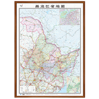【定制边框】2022年 黑龙江地图 木框装裱 约1.1米*0.8米 胡桃色边框
