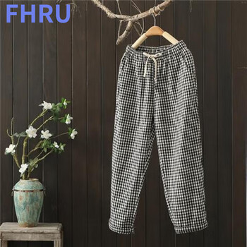 FHRU复古文艺黑白格子裤女宽松夏季薄款棉麻裤子女九分休闲裤亚麻女裤 黑白小格子 S【图片 价格 品牌 报价】-京东