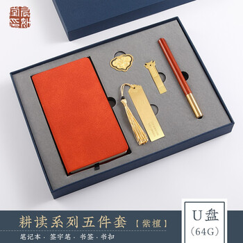 创意黄铜金属镂空书签礼盒古风退休书签五四文创diy定制毕业聚会党员纪念品套装礼盒送老师商务礼品伴手礼 耕读系列五件套【紫檀】U盘64G