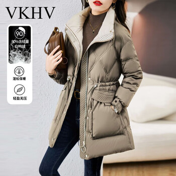 VKHV品牌羽绒服女中长款冬季新款2023年通勤百搭收腰立领外套 咖色 L【图片 价格 品牌 报价】-京东