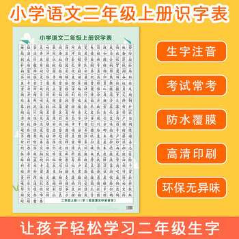 小学生二年级语文上册识字表墙贴挂图同步课文生字词识字表写字表