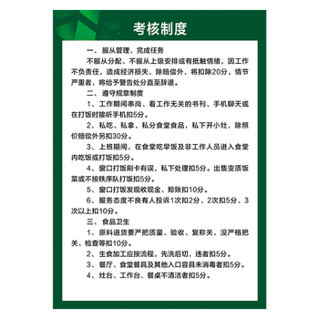 食堂宣传画食品安全管理制度挂图餐厅厨房管理制度墙贴画LFH17 LFH17-02 卫生考核制度 100*70厘米 覆膜防水PP贴纸