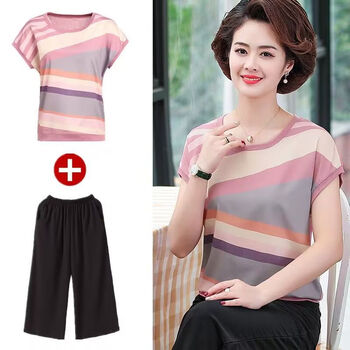 SWKE新款中老年女装夏装雪纺T恤小衫中年两件套套装上衣薄款 9153粉色套装 4XL 建议140-160斤【图片 价格 品牌 报价】-京东