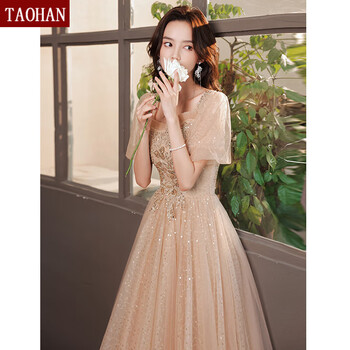 TAO HAN香槟色晚礼服女2023新款轻奢小众高端宴会感晚宴主持人艺考裙 卡其色中长款 XL【图片 价格 品牌 报价】-京东