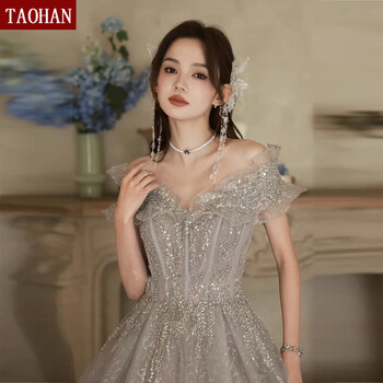 TAO HAN一字肩晚礼服高端轻奢小众女主持人声乐艺考礼生日演出小个子 图片色 M【图片 价格 品牌 报价】-京东