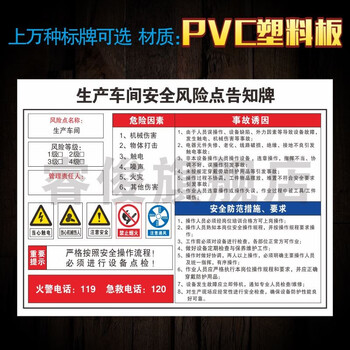 安全风险点告知牌 岗位风险点告知卡配电房配电室工厂车间仓库空压机机床行车标志标示提示标识警示牌贴定制 FX001生产车间安全风险点告知牌 30*40CM