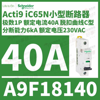 A9F18102 1P C2A施耐德小型断路器MCB Acti9 iC65N分断6kA曲线C型 A9F18140 iC65N 1P C40A ...