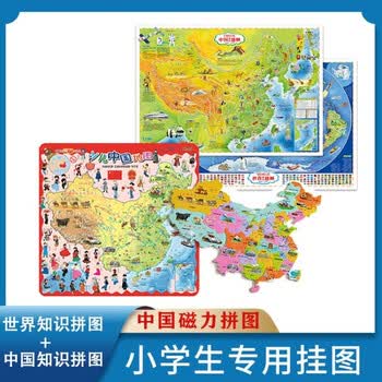 抖音爆款 中国地图世界地图经典版约0.86米X0.6米 +少儿中国地图儿童地图拼图磁性益智玩具大号少