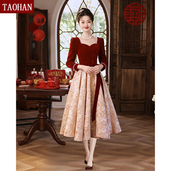 TAO HAN敬酒服新娘2023新款红色结婚高端订婚宴会晚礼服裙感冬季长袖 酒红色 中长款 XL【图片 价格 品牌 报价】-京东