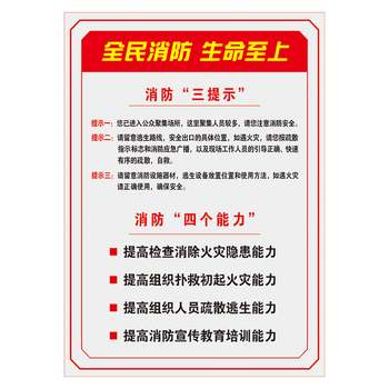 企业消防十条知识宣传画挂图单位消防安全常识宣传栏展板墙贴画防水贴纸VCH VCH30 消防三提示四个能力 60*40厘米 覆膜防水PP贴纸