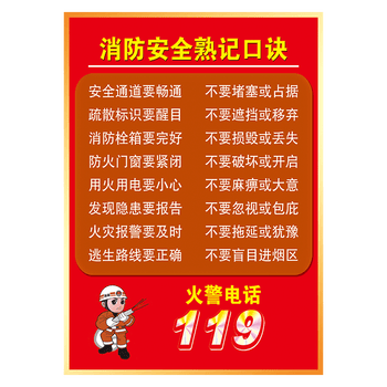 消防安全挂图海报宣传画消防安全熟记口诀展板墙贴画防水贴纸VCH VCH58 消防安全熟记口诀 120*80厘米 覆膜防水PP贴纸