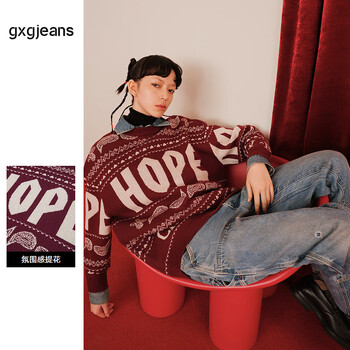 gxg.jeans男装2022春季新款毛衫男新年情侣潮流圆领针织衫 暗红色 170/M【图片 价格 品牌 报价】-京东
