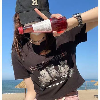 FHRU正肩夏季新款设计感ins纯欲风T恤女2023甜辣风上衣潮 黑色 XL【图片 价格 品牌 报价】-京东