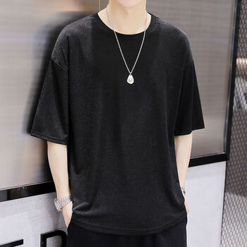 FHRU五分男士冰丝半截袖提花冰感t恤透气宽松薄衣服 7713黑色 2XL【图片 价格 品牌 报价】-京东