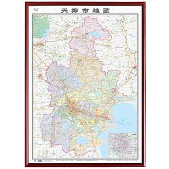 【定制边框】2022年 天津市地图 木框装裱 1.1米*0.8米 红棕色边框