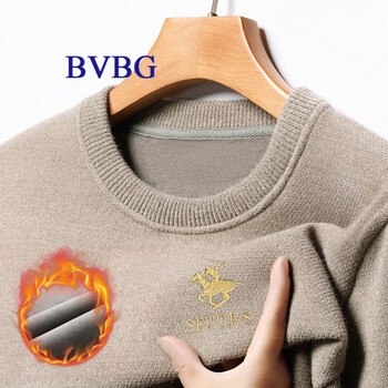 BVBG 秋冬季雪貂绒圆领毛衣男加绒加厚保暖男士一体绒针织打底衫上衣 米驼色-马标-加绒加厚 190/4XL【建议175-200斤】【图片 ...