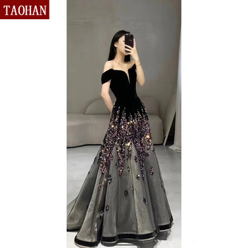 TAO HAN抹胸晚礼服长裙女感宴会轻奢名媛高端主持人声乐艺考黑色拖尾 黑色一字肩齐地 XL【图片 价格 品牌 报价】-京东