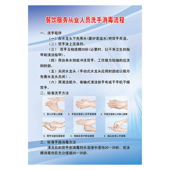 餐饮服务从业人员医院洗手消毒流程图步骤图程序方法墙贴画挂图覆膜防水贴纸TXH TXH11 餐饮服务从业人员洗手消毒流程 120*80厘米 覆膜防水PP贴纸
