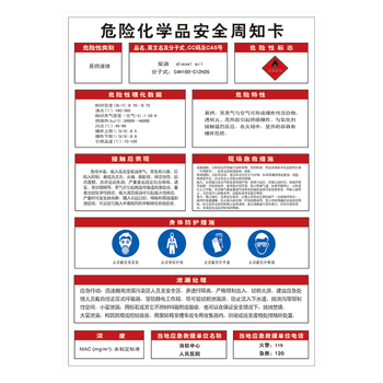 定制危险化学品宣传画安全周知卡告知卡职业病危害告知牌卡提示标示警示牌标识牌NFH NFH46 危险化学品周知卡 柴油 70*50厘米 铝板反光膜
