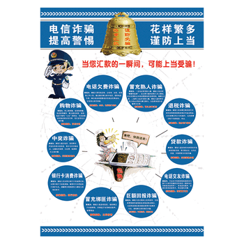 防骗宣传栏警方提示挂图海报谨防电信网络诈骗防范常识宣传画墙贴画覆膜贴纸OGH OGH06 电信诈骗防范常识 80*60厘米 覆膜防水PP贴纸