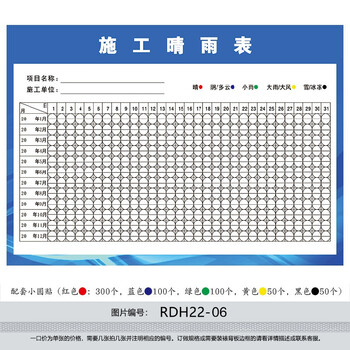 建筑施工工地制度牌新款施工晴雨表天气情况记录表提示牌墙贴画防水自粘贴纸 RDH22-06 晴雨表 100*70厘米(配套5种颜色可擦写白板笔)