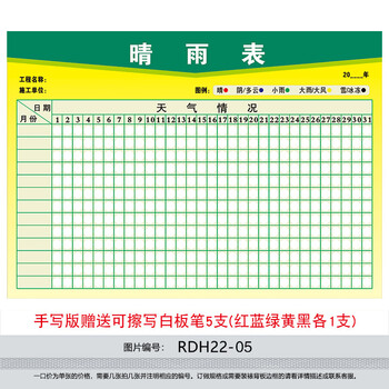 建筑工地新款通用施工晴雨表天气情况记录表公示栏墙贴画覆膜RDH22-05 覆膜防水PP贴纸(手写版送笔) 70*50厘米