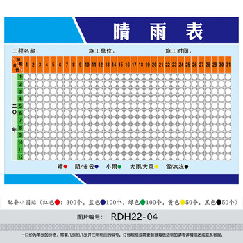 新款施工晴雨表建筑工地通用天气情况记录表公示栏墙贴画覆膜自粘贴纸RDH22-04 覆膜防水PP贴纸+小圆贴 120*80厘米