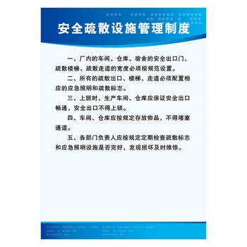 安全生产管理制度牌宣传画挂图车间消防安全生产十不准宣传栏展板墙贴画NIH28 NIH28-24 安全疏散设施管理制度 PP防水覆膜贴纸80*60厘米