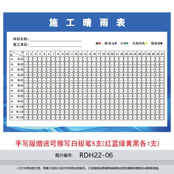 建筑工地制度牌覆膜背胶贴纸公示通用施工晴雨表天气预报情况公示栏墙贴画自粘RDH22-06 覆膜防水PP贴纸(手写版送笔) 70*50厘米