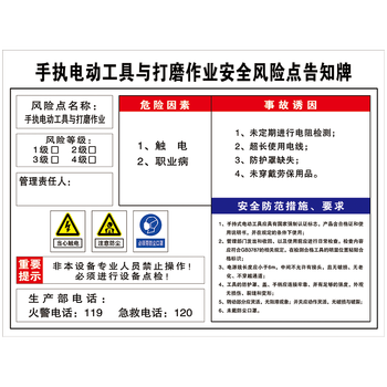 安全风险点告知牌 岗位风险点告知卡配电房配电室工厂车间仓库标志标示提示标识警示牌贴定制NIH41 NIH41-04 电动工具打磨作业安全风险点告知牌 40*30厘米 PVC塑料板
