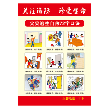 定制消防安全宣传画挂图海报火灾逃生自救72字口诀消防墙贴画防水贴纸VCH VCH15 火灾逃生自救72字口诀 40x60cm  PP覆膜贴纸