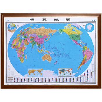 【定制边框】2022年 世界地图 约1.6米*1.2米 木框装裱挂图 胡桃色