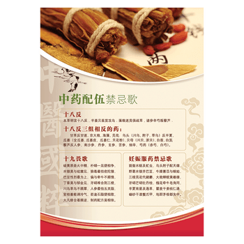 中药十八反歌十九畏歌挂图妊娠用药禁忌中医宣传画贴画WSA WSA34 中药配伍禁忌歌 70*50厘米