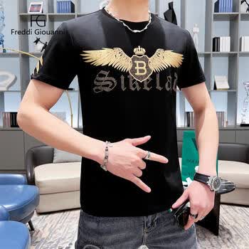 【费雷迪吉奥瓦尼M-3XL】费雷迪吉奥瓦尼 T恤男夏季潮牌时尚个性透气烫钻修身圆领短袖丝光棉薄款短袖T恤男 黑色 L 【行情 报价 价格 评测】-京东