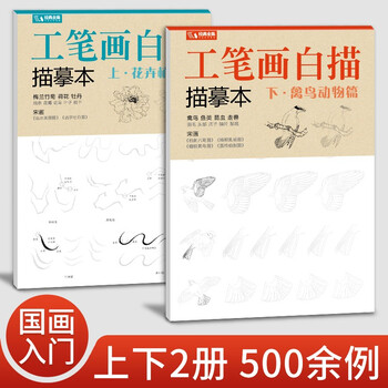经典全集 工笔画白描描摹本上下2册/基础训练篇+强化提高篇 花卉植物禽鸟动物绘画临摹本入门零基础