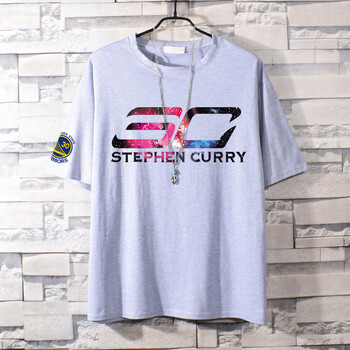 NBA短袖圆领库里30号纯棉透气美式蓝球衣运动训练服T恤男圆领夏季 灰色-星空库里 S