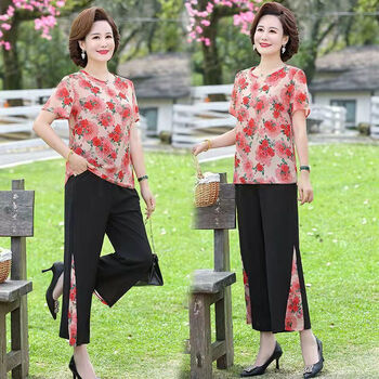 SWKE夏装套装两件套新款50岁洋气t恤中年中老年女春秋雪纺衫 红色 XL 建议90-105斤【图片 价格 品牌 报价】-京东