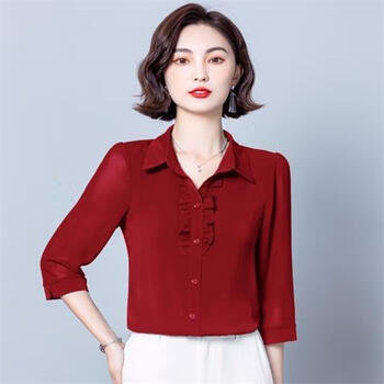 SWKE中年雪纺衬衫女士春装polo领上衣时尚气质木耳花边衬衣 纯红色 L [建议95-105斤]]【图片 价格 品牌 报价】-京东